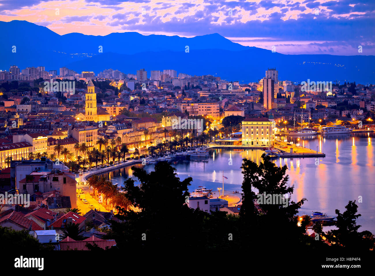 Aerial evening view of Split waterfront from Marjan hill, Dalmatia ...