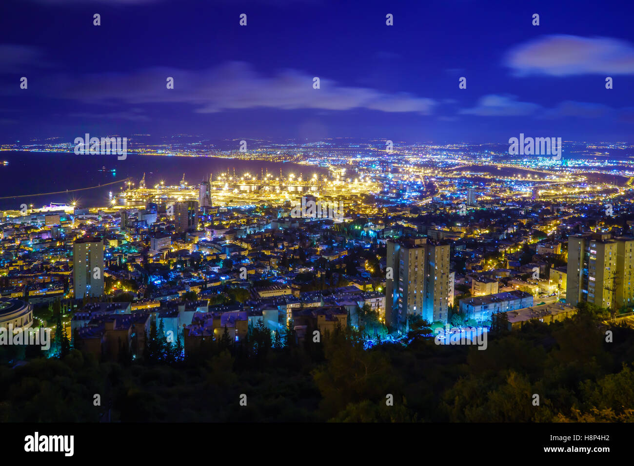 Night view of the bay of Haifa and the harbor. Northern Israel Stock ...