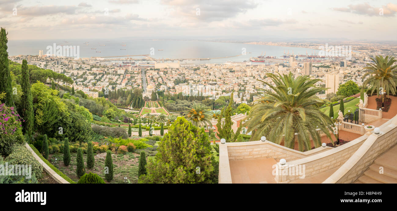 Panoramic view of the bay of Haifa, the Bahai Gardens and the port at ...
