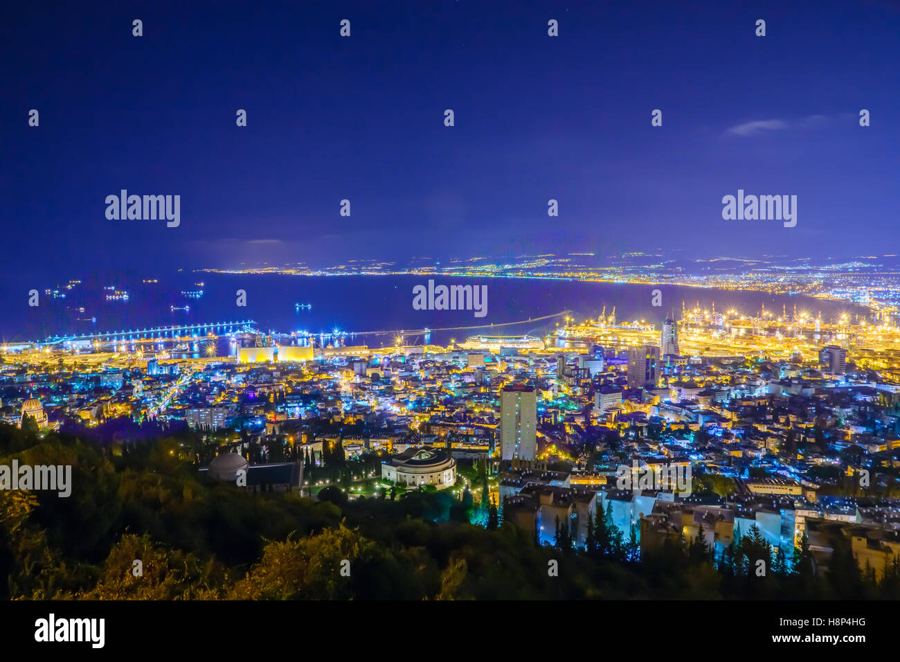 Night view of the bay of Haifa and the harbor. Northern Israel Stock ...