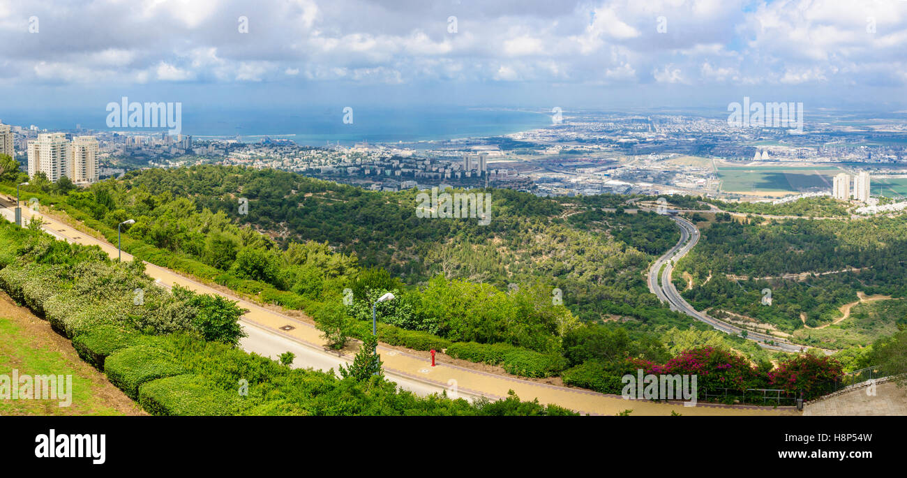 Panoramic view of the bay of Haifa, with downtown Haifa, the harbor ...