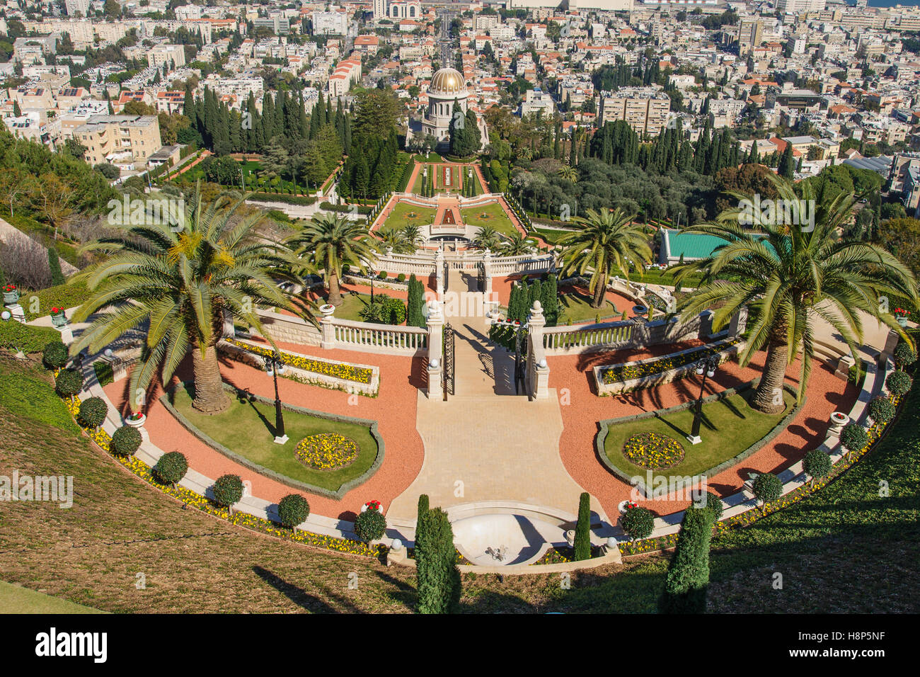 The Bahai gardens and temple, on the slopes of the Carmel Mountain, in ...
