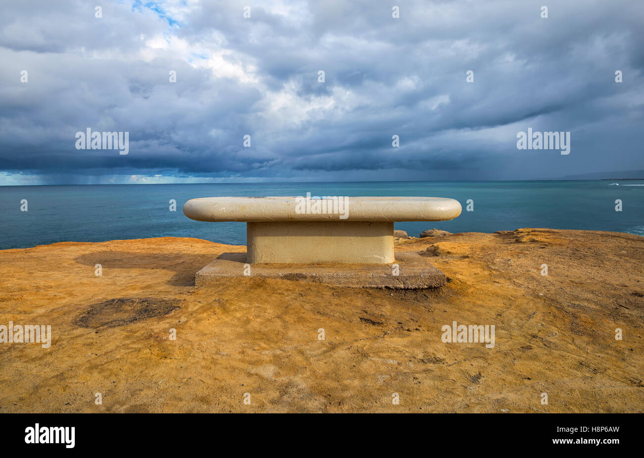 bench at overlook above the ocean, cloudy day. San Diego, California ...