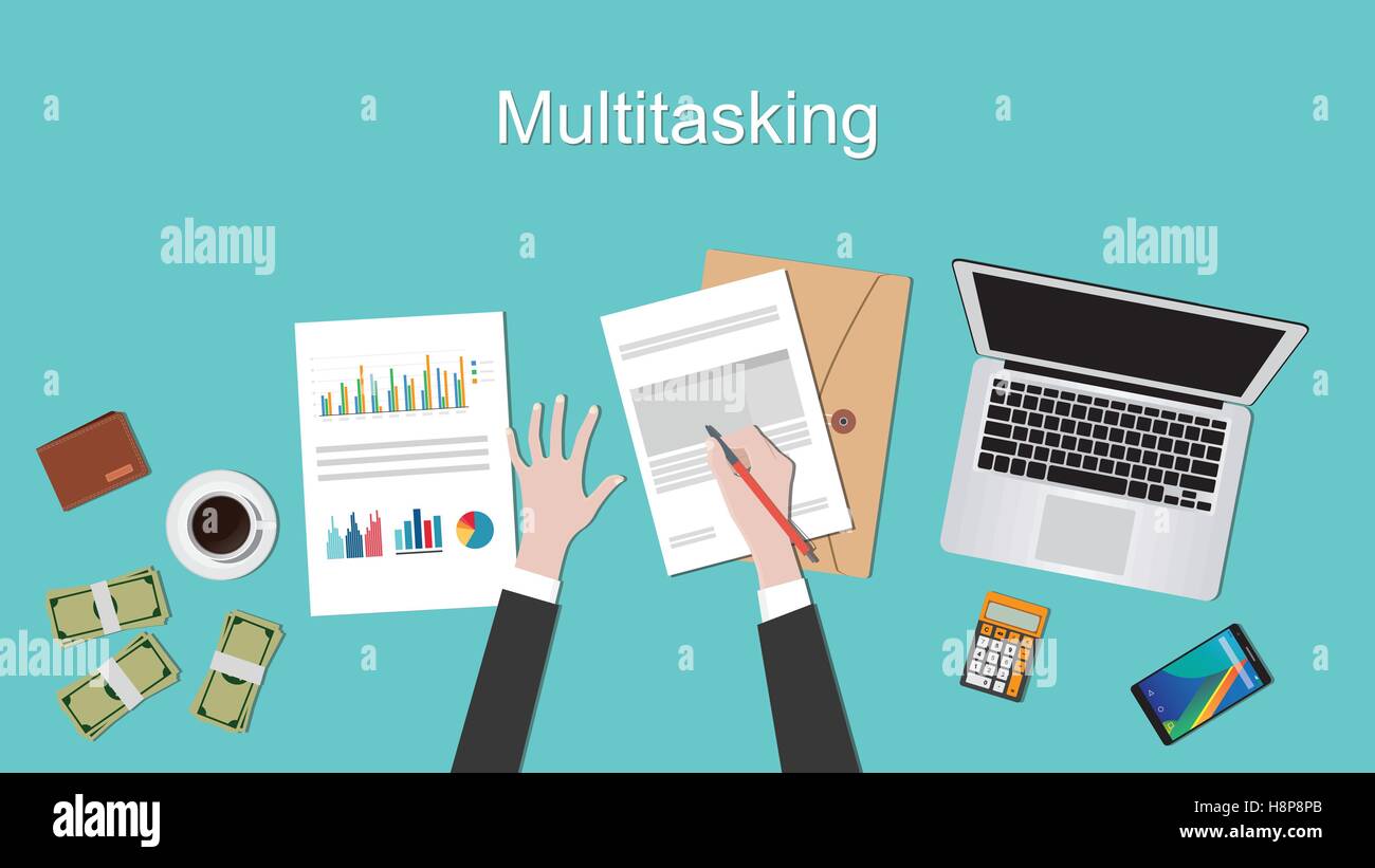 multi tasking concept illustration with businessman working on ...
