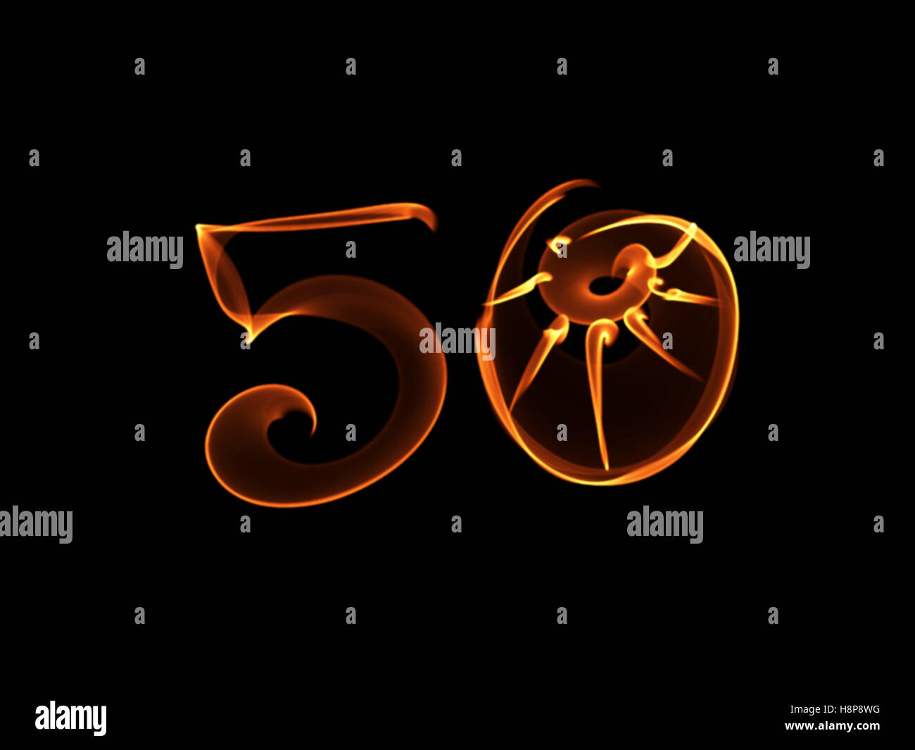 50 years isolated numbers lettering written with fire flame or smoke on ...