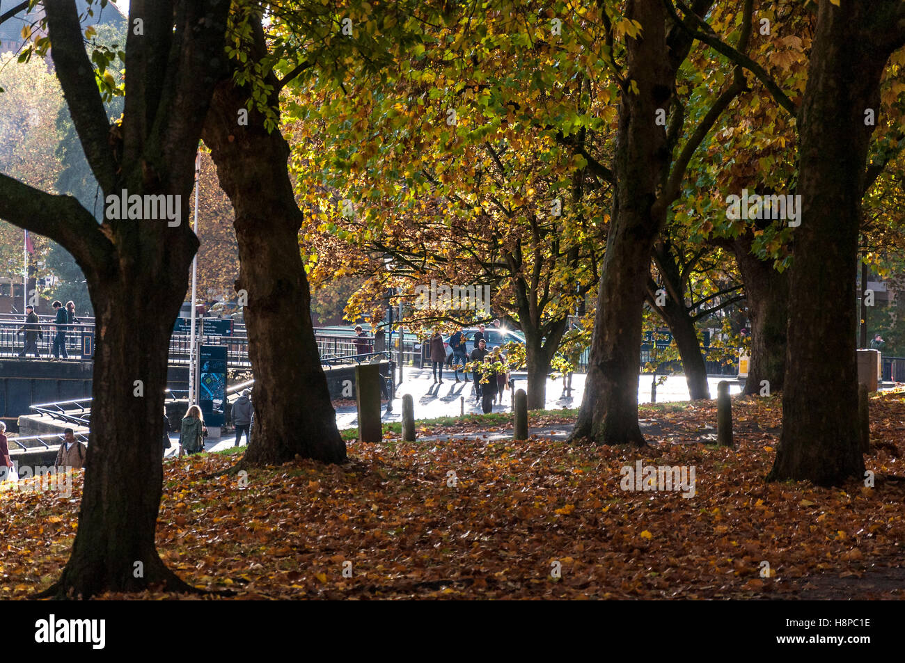 Bristol, England, UK. People walk through Castle Park in autumn weather ...