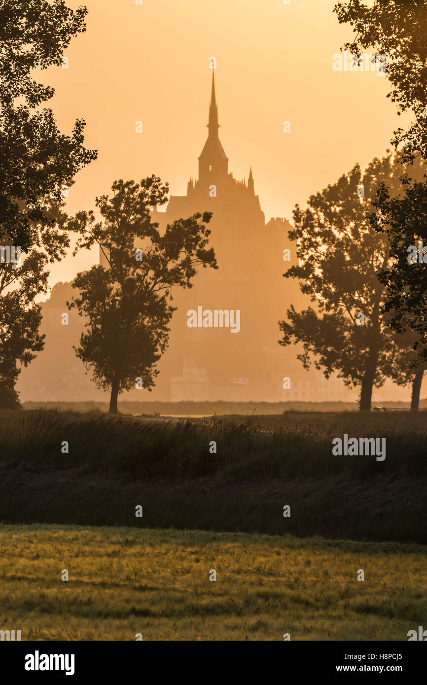 Le Mont Saint-Michel (Normandy, north-western France) at dawn between ...