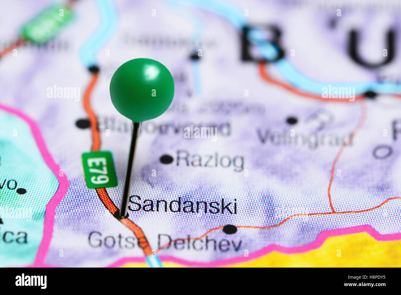 Sandanski pinned on a map of Bulgaria Stock Photo - Alamy
