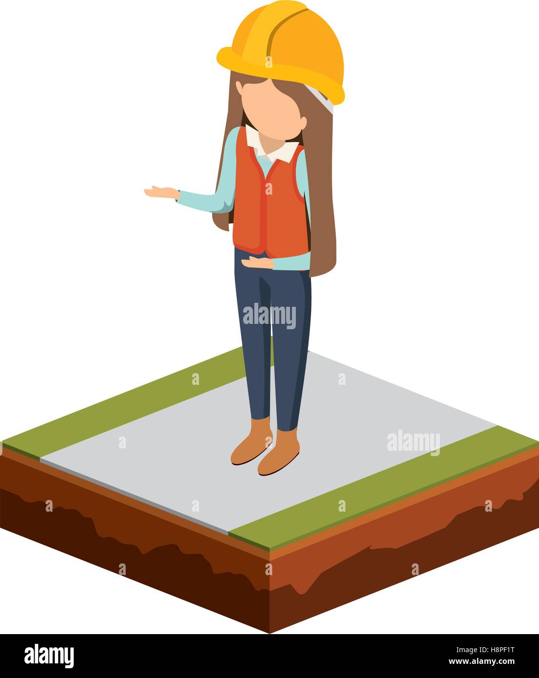 Girl of under construction icon. Isometric 3d structure and perspective ...