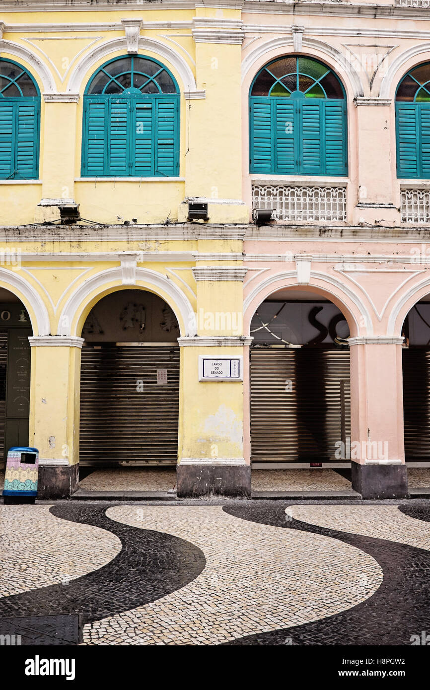 Front view of traditional Portuguese colonial buildings in Macao Stock ...