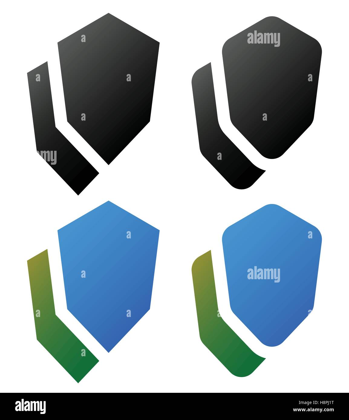 Set of overlapping shield icons / signs. (Rounded, edgy and colored ...