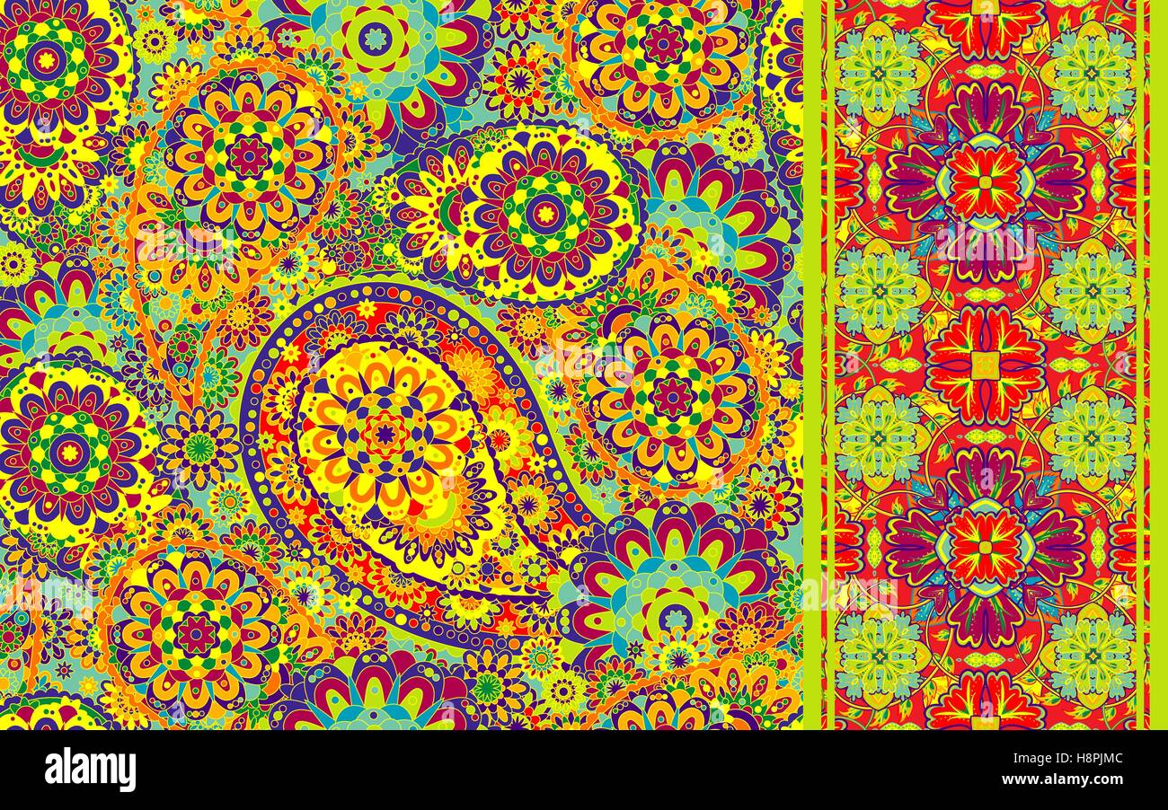 Set of colorful paisley seamless pattern and stripped. Vintage paisley ...