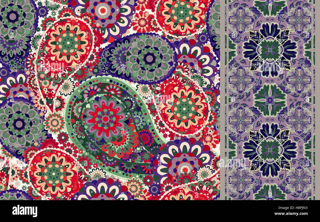 Set of colorful paisley seamless pattern and stripped. Vintage paisley ...