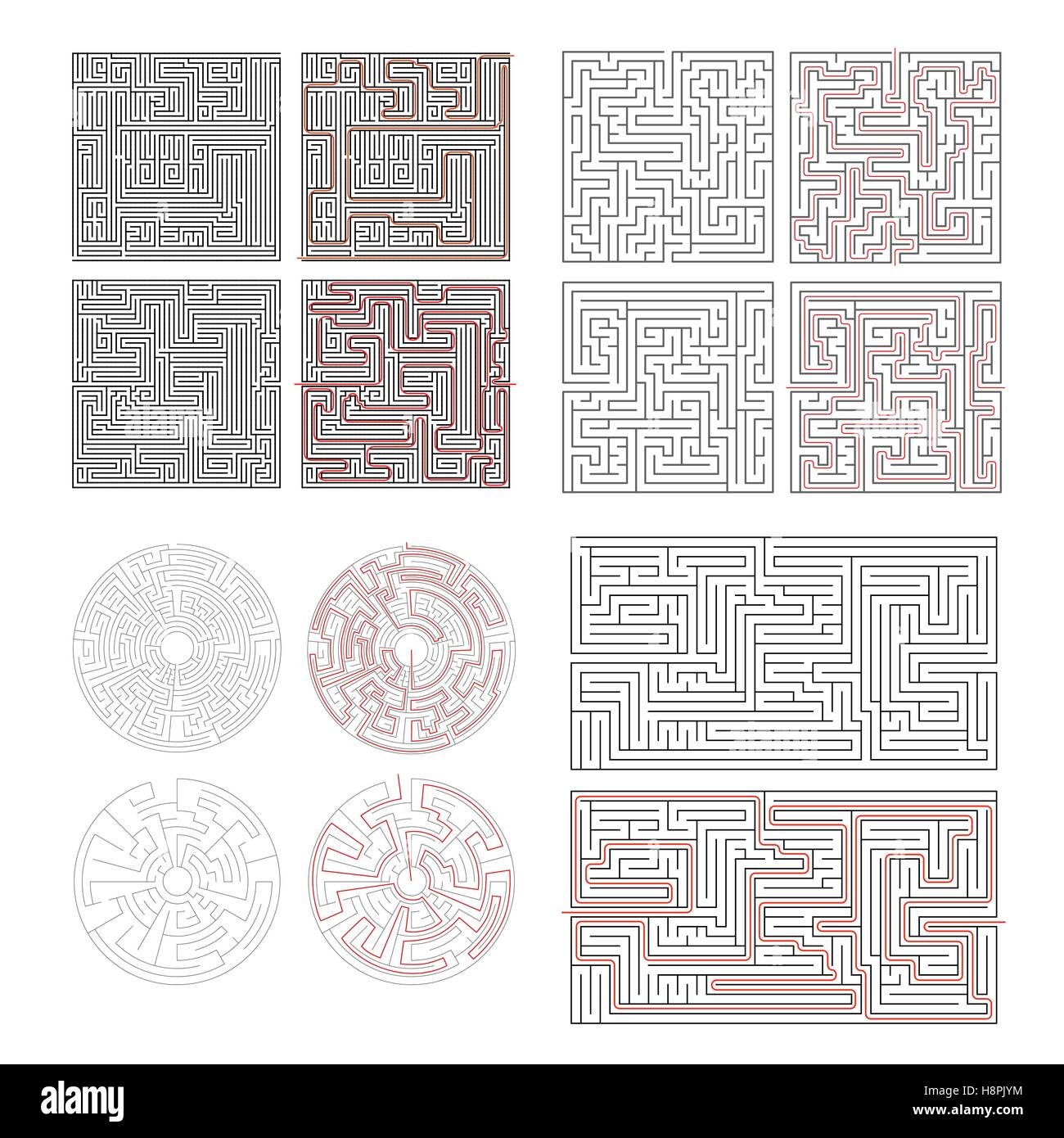 Set of different labyrinths with solutions isolated on white Stock ...