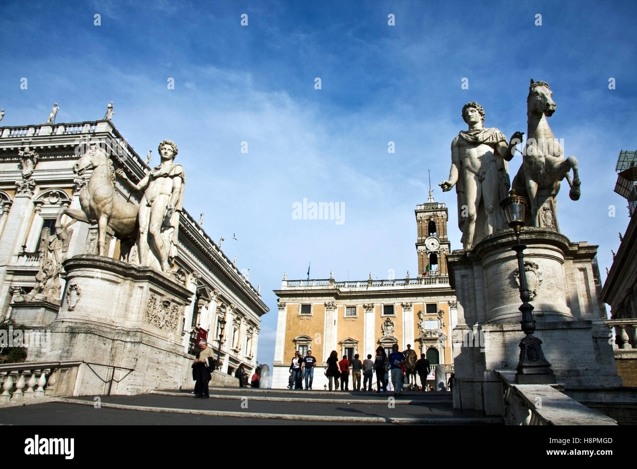 Dioscuri equestrian statue on top of Cordonata stair in the Campidoglio ...