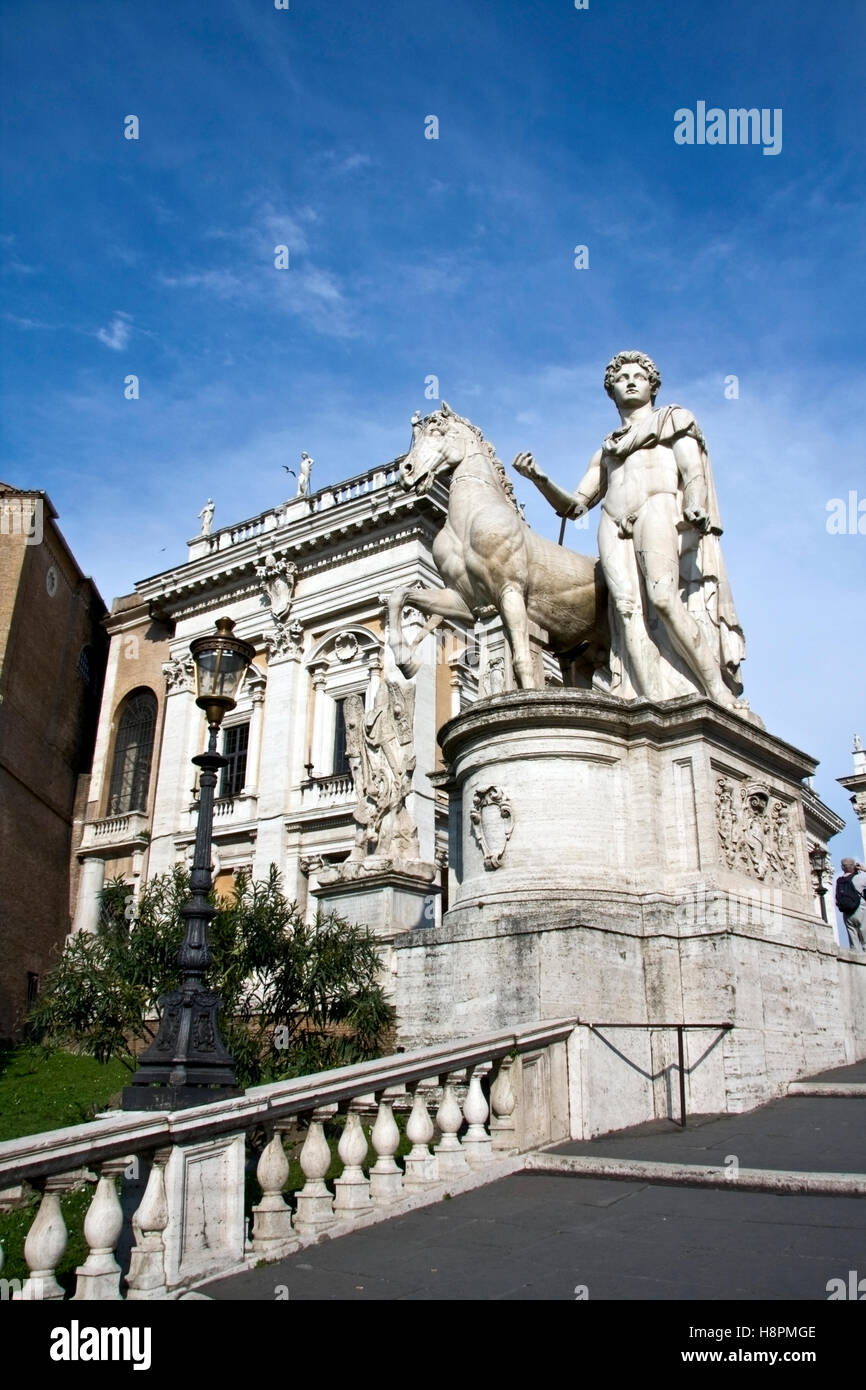 Dioscuri equestrian statue on top of Cordonata stair in the Campidoglio ...