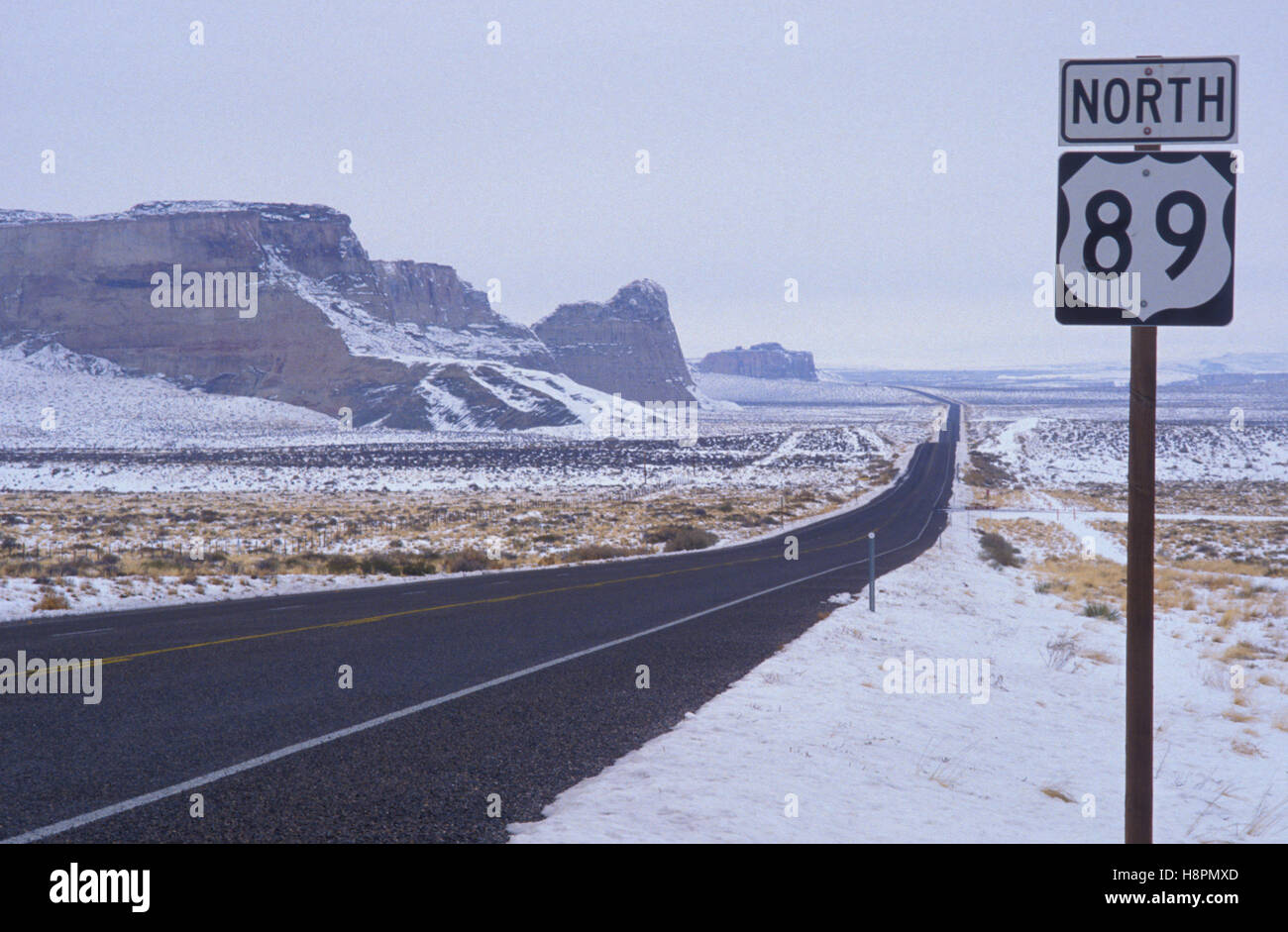 Highway 89 North in winter, snow, street, street sign, highway, Arizona ...