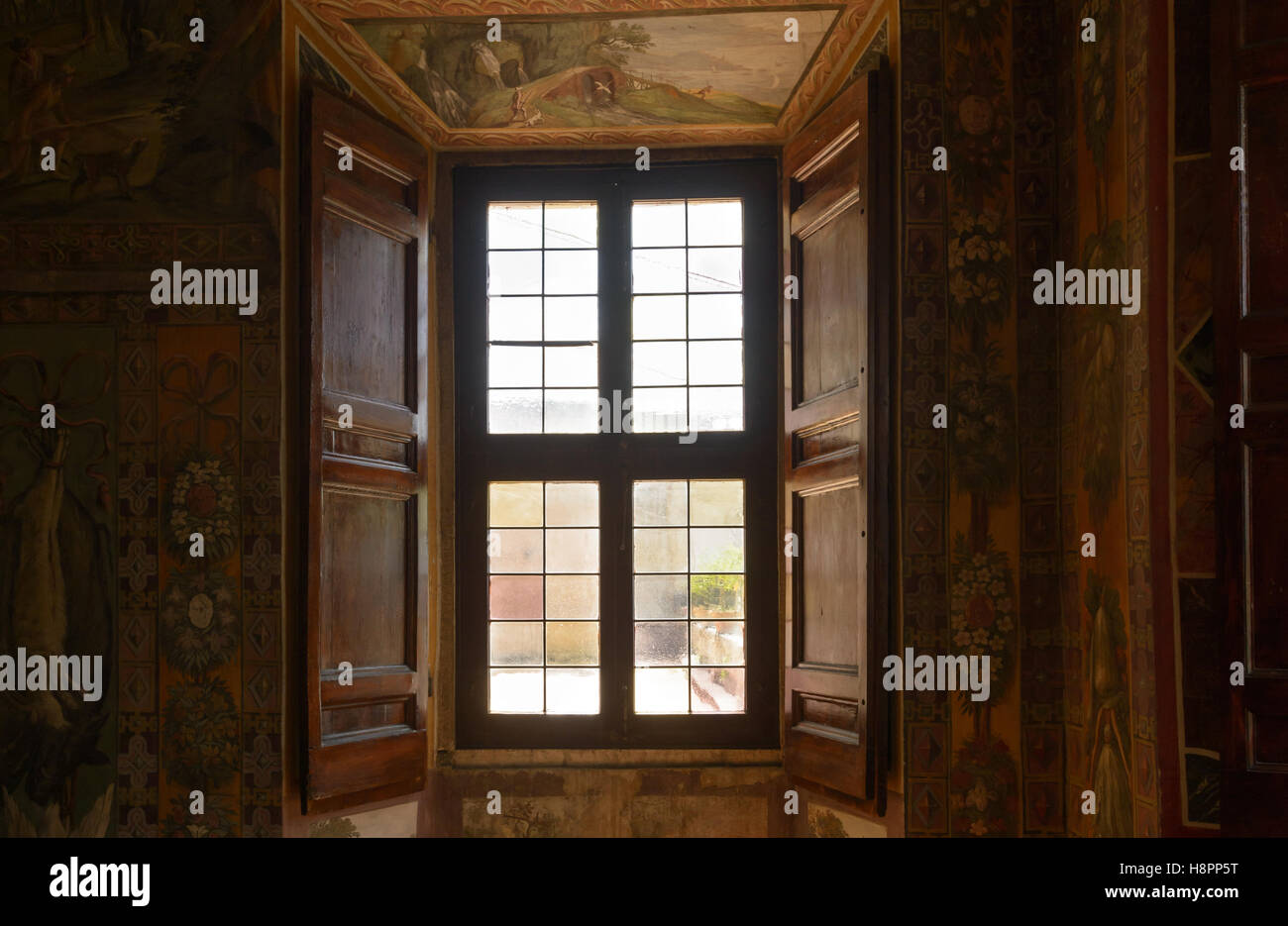 A very old window with frescoed walls and wood made Stock Photo - Alamy