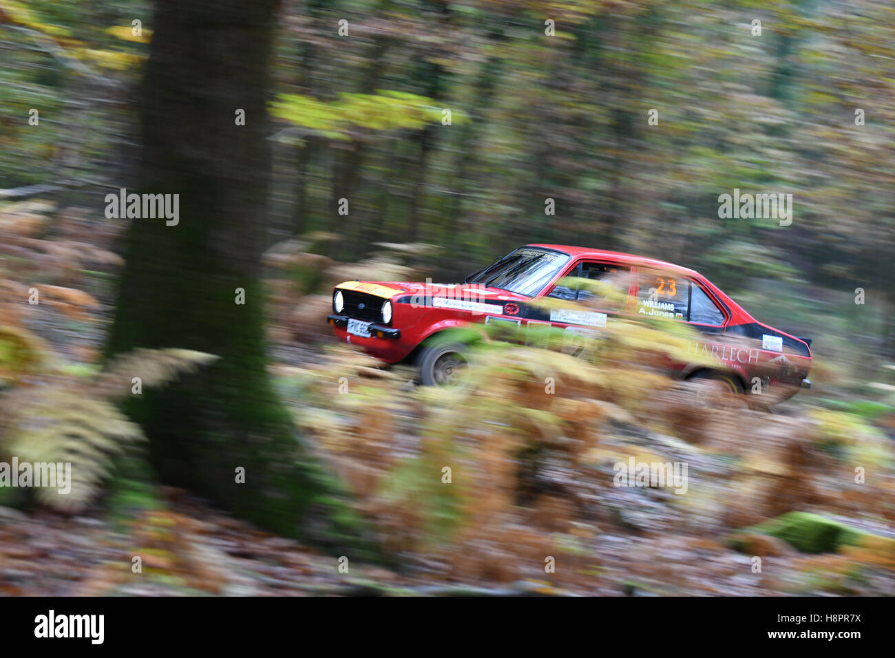 A rally car on the Crabtree stage of the 2016 Wyedean Rally in the ...