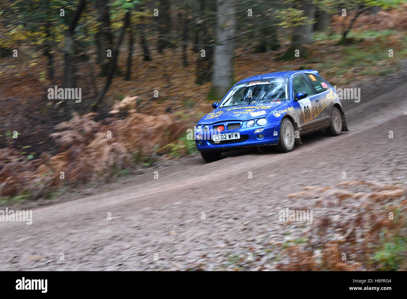 A rally car on the Crabtree stage of the 2016 Wyedean Rally in the ...