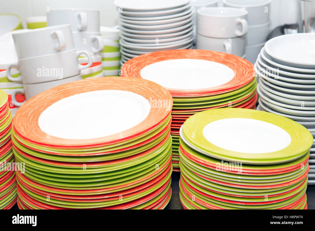Crockery washing. Set of various clean dishware on table in kitchen ...