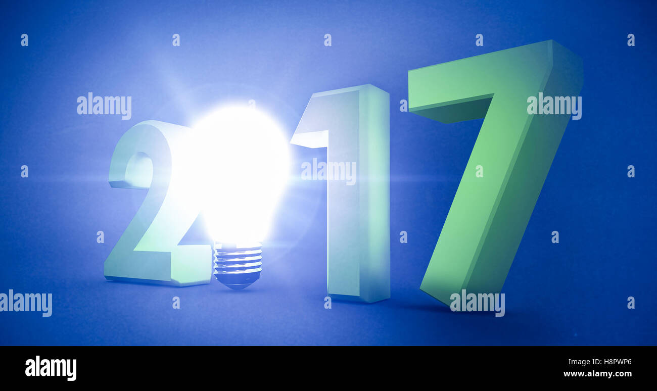 Composite image of 2017 with glowing light bulb over white background ...