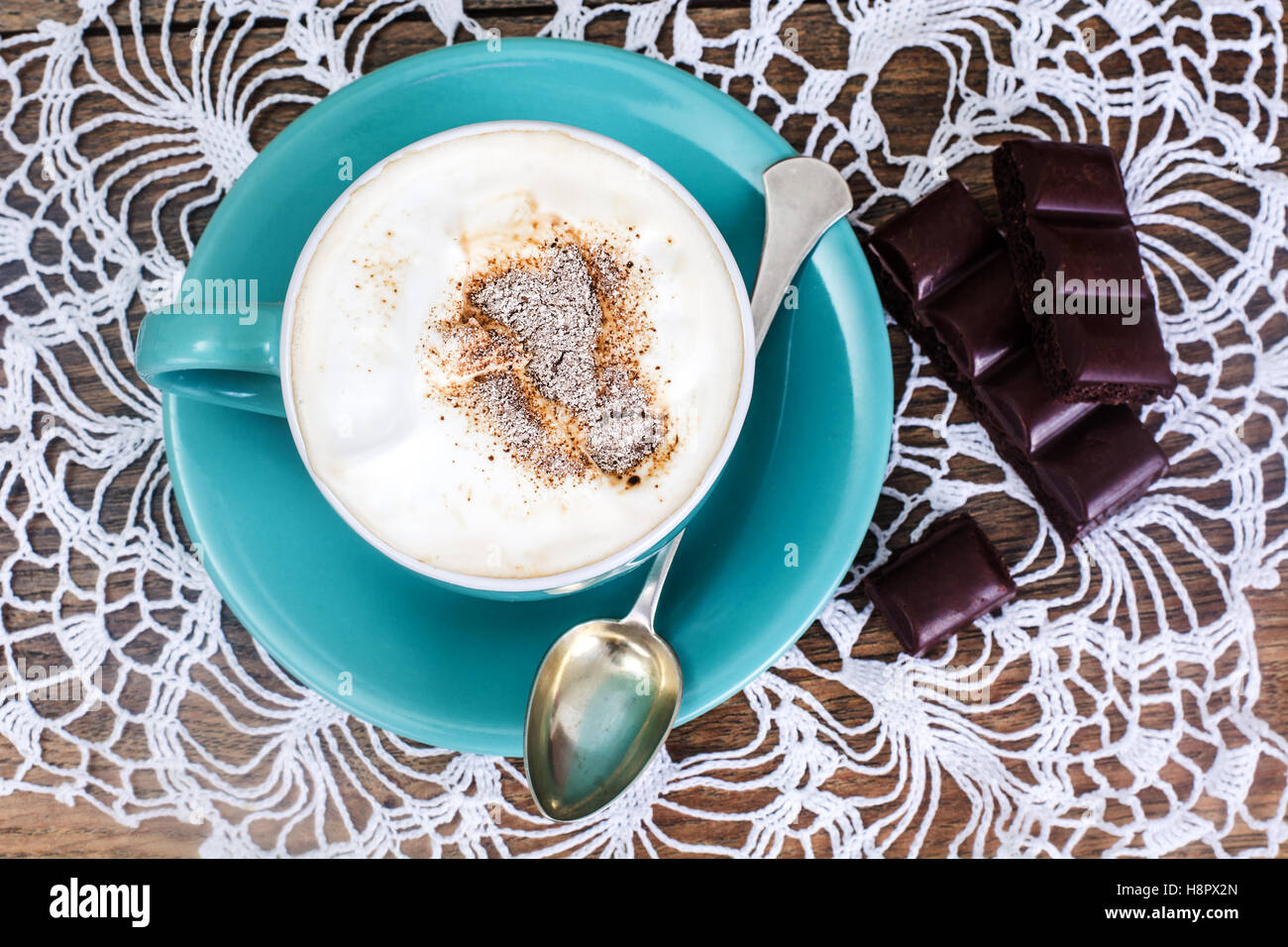 Coffee with Milk, Cappuccino in a Blue Retro Cup Stock Photo - Alamy