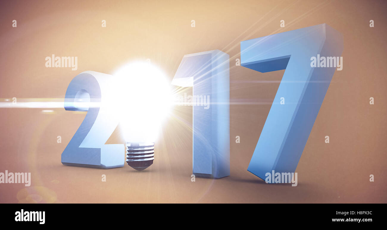 Composite image of 2017 with glowing light bulb over white background ...