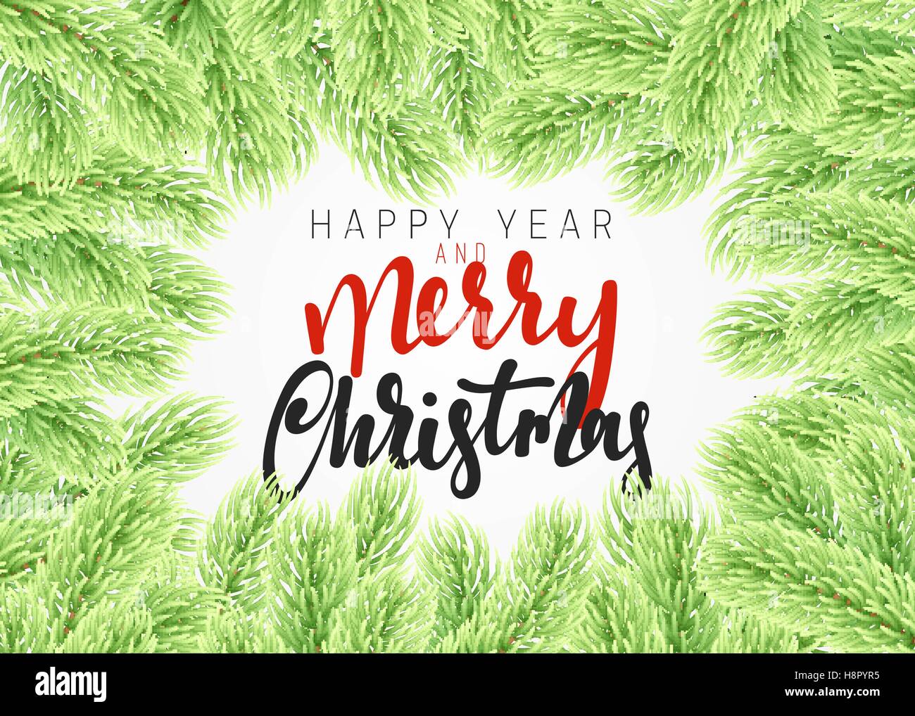 Background Christmas tree branches border. Merry Christmas card with a ...