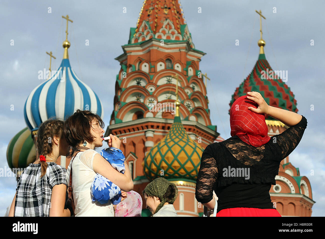 Young girls in front of tserkov on the Red Square, Moscow, Russia Stock ...
