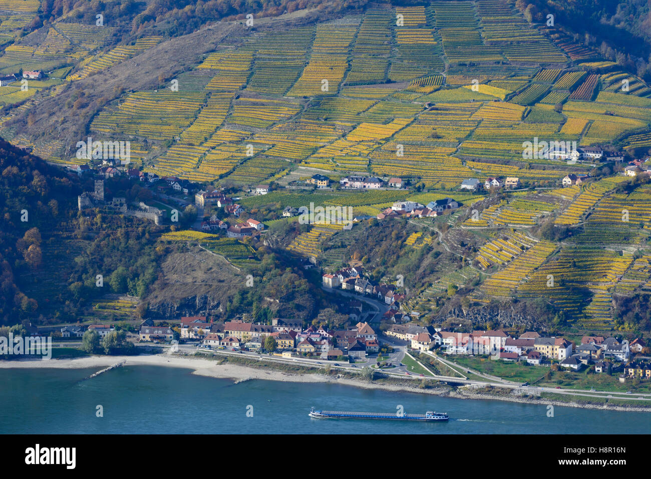 Spitz: view to Spitz, Hinterhaus Castle, river Danube, vineyards, ship ...