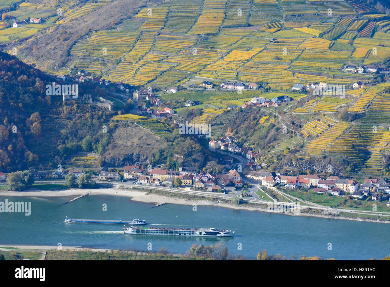 Spitz: view to Spitz, Hinterhaus Castle, river Danube, vineyards, ships ...