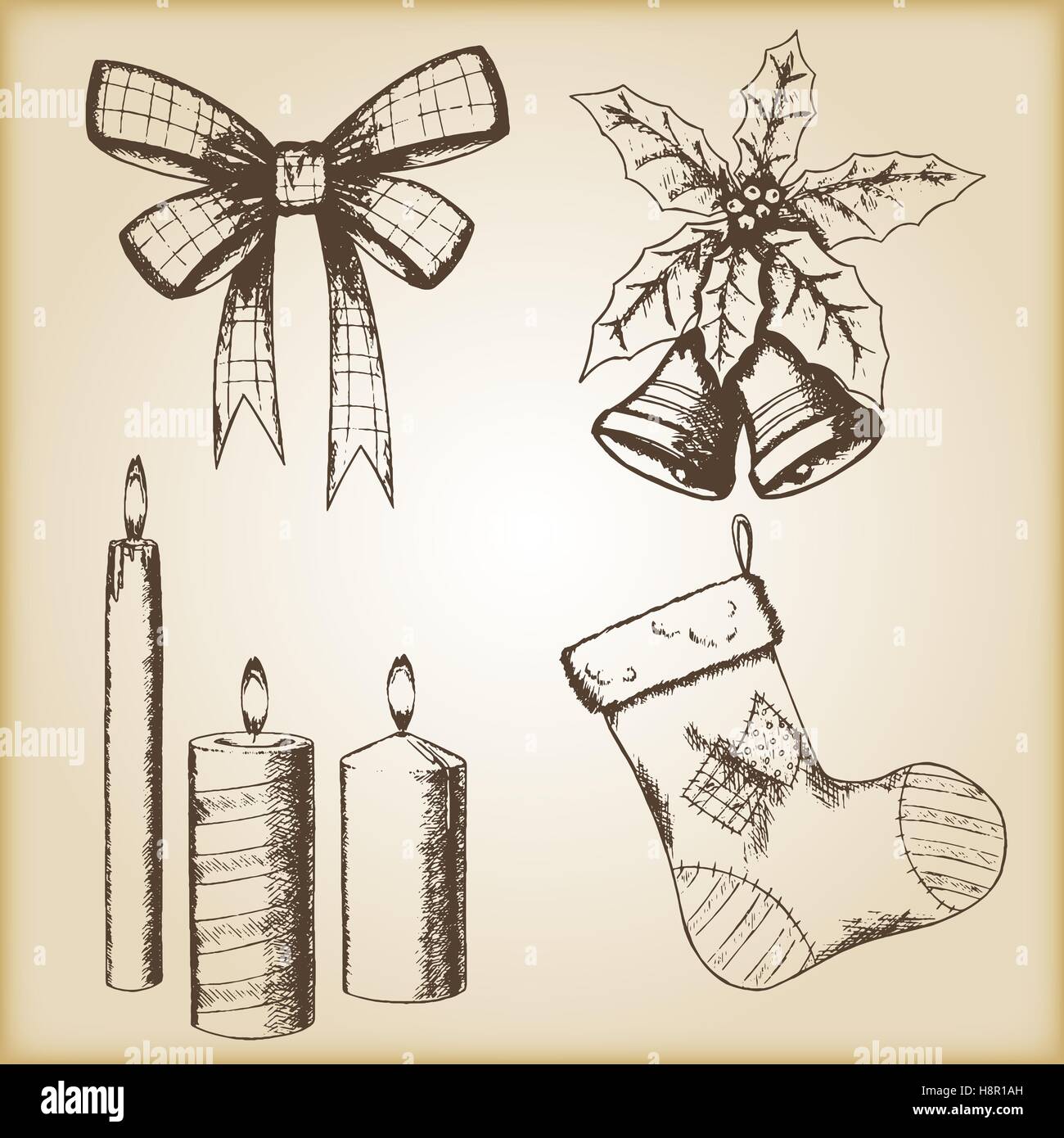 Christmas hand drawn vector illustration - bow, candles, sock and bells ...