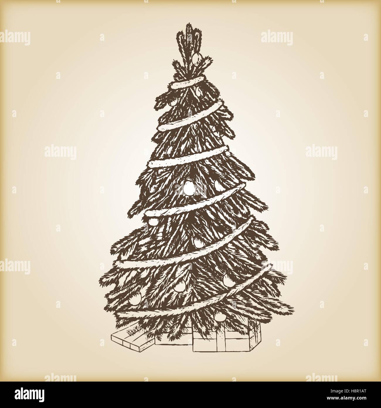 Christmas hand drawn vector illustration - Xmas tree, vintage style ...