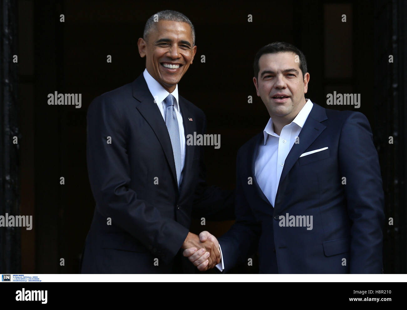 Athens, Greece. 15th Nov, 2016. U.S. President Barack Obama, shakes ...