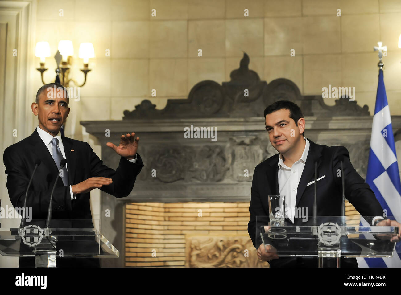 Athens, Greece. 15th Nov, 2016. U.S. President Barack Obama, right, and ...