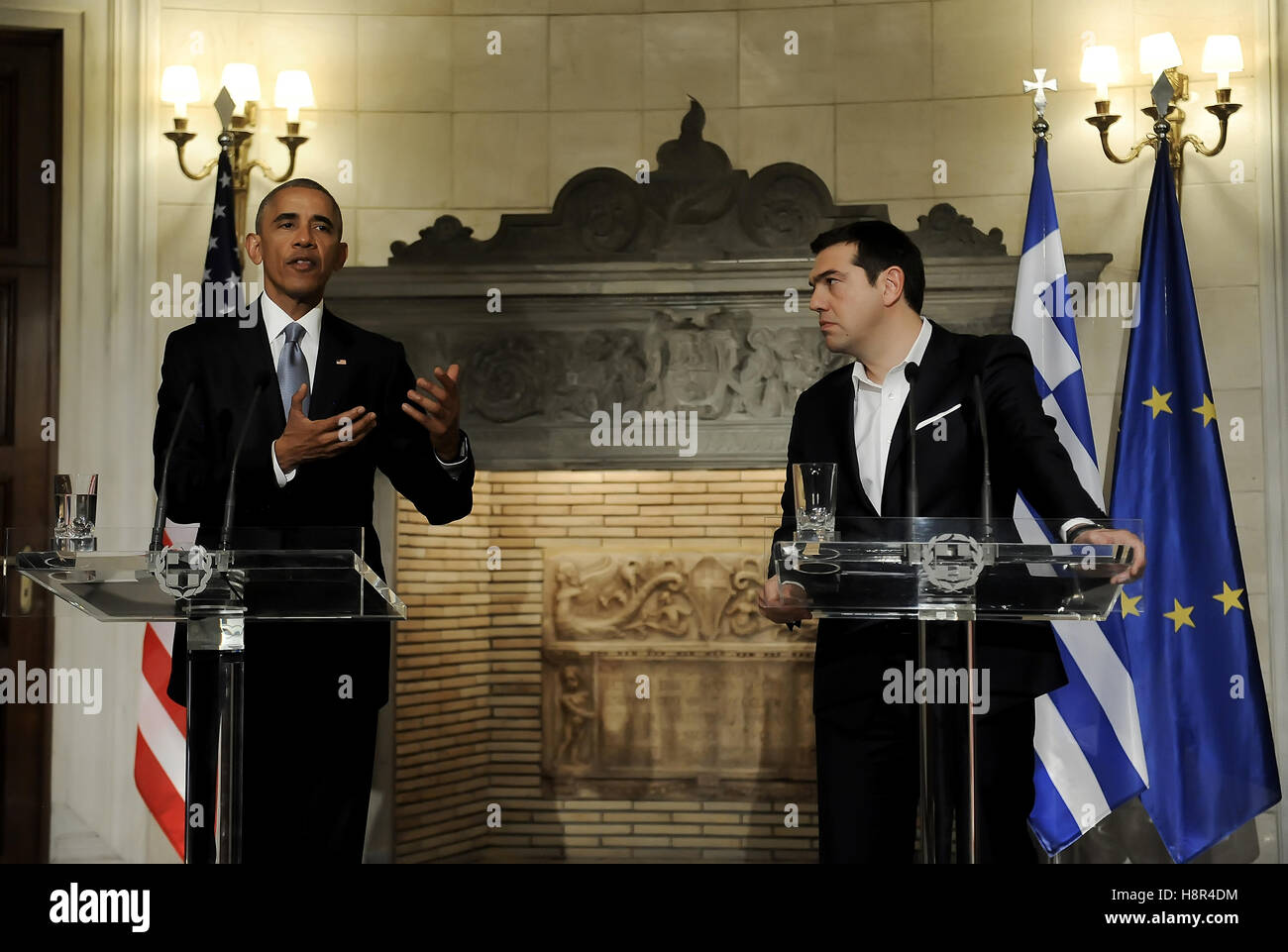 Athens, Greece. 15th Nov, 2016. U.S. President Barack Obama, right, and ...