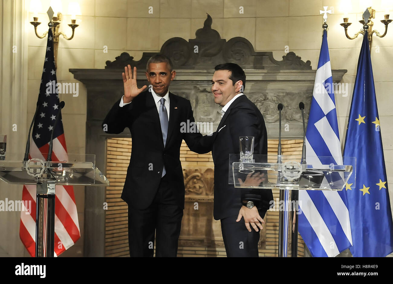 Athens, Greece. 15th Nov, 2016. U.S. President Barack Obama, right, and ...