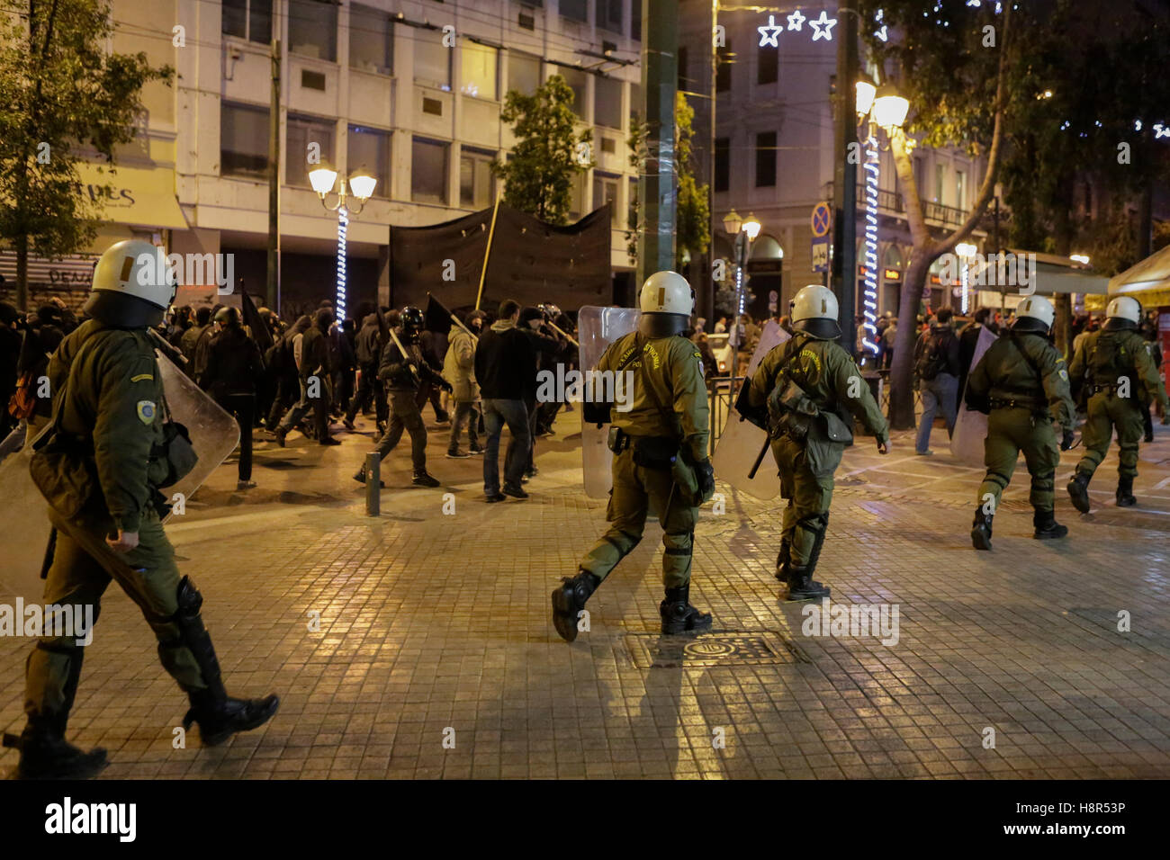 Athens, Greece. 15th November 2016. Police officers follow the protest ...