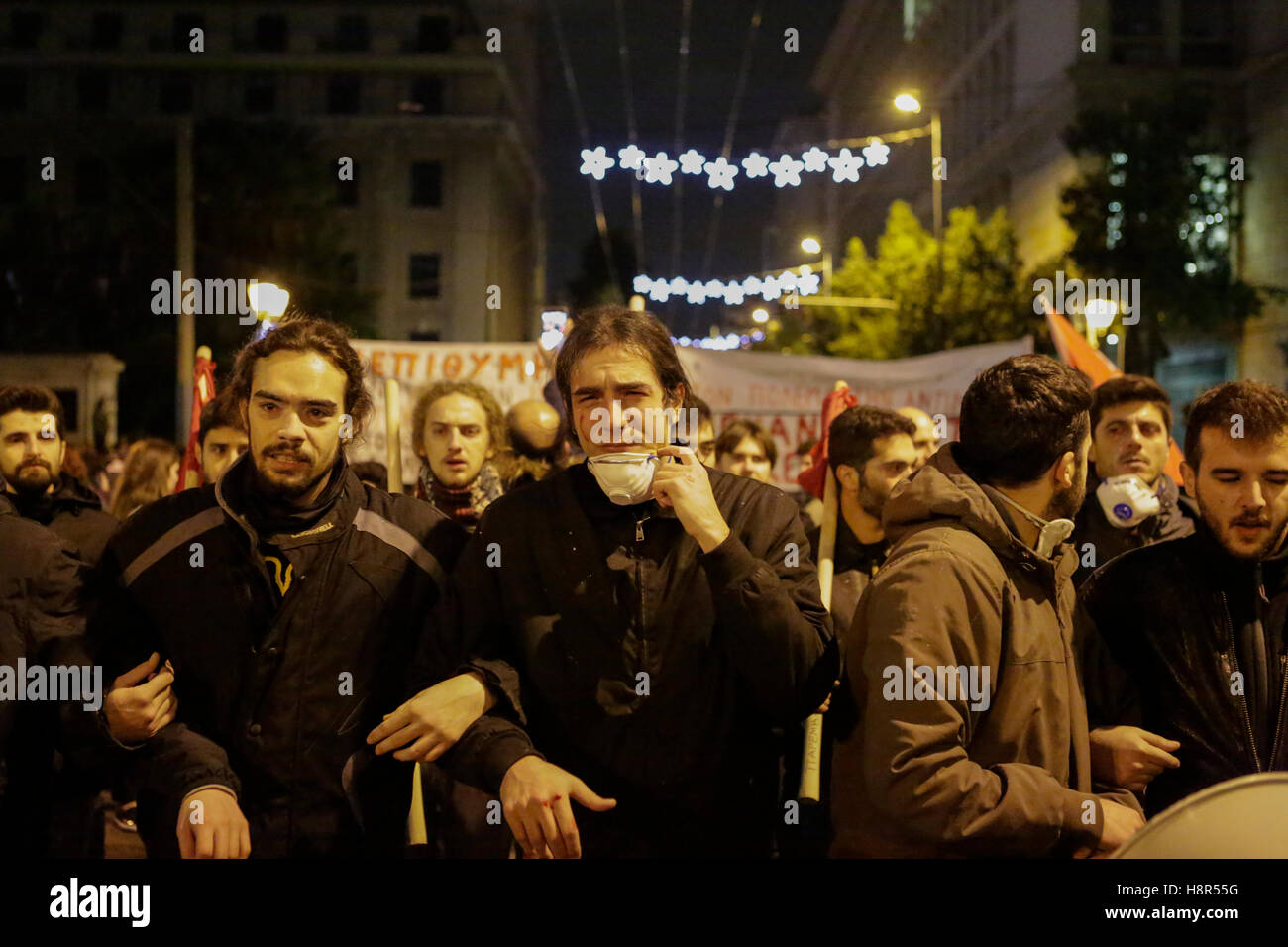 Athens, Greece. 15th November 2016. Protesters have linked arms to form ...