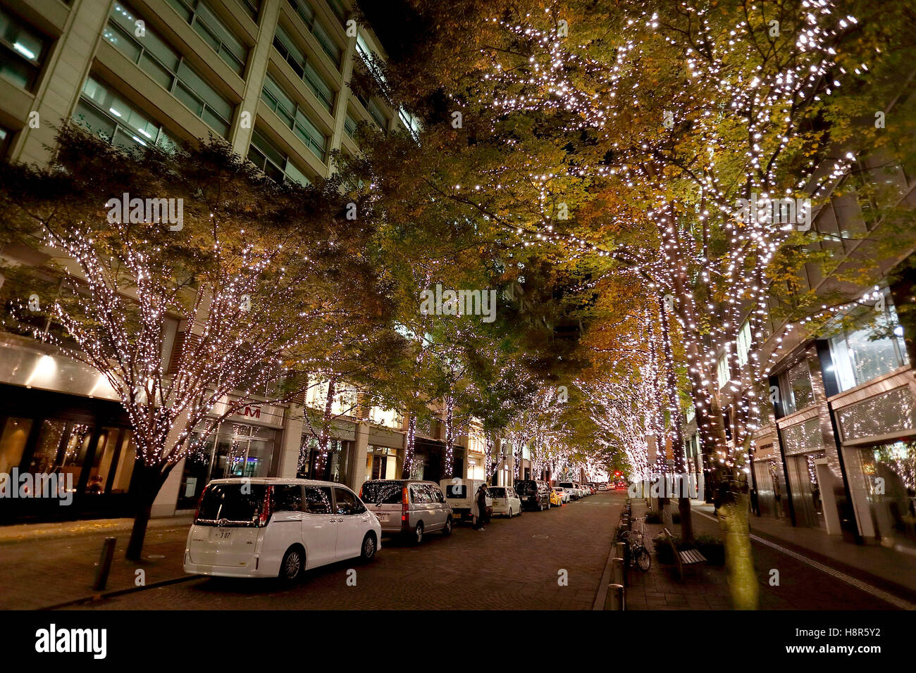 LED lights illuminate the Marunouchi business district on November 15 ...