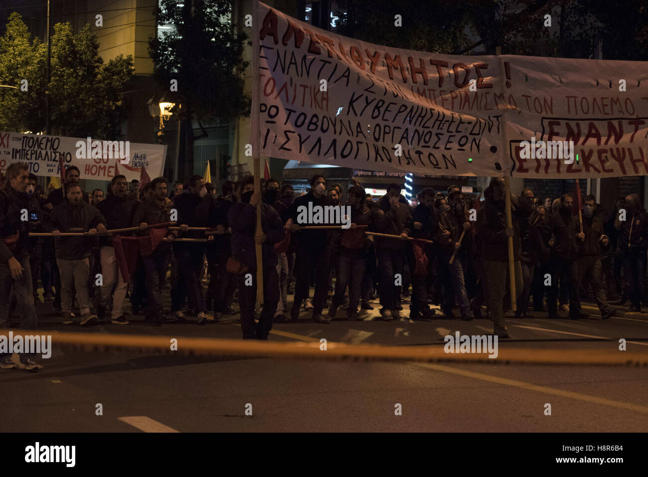 Athens, Greece. 15th Nov, 2016. Protesters hold banners and shout ...
