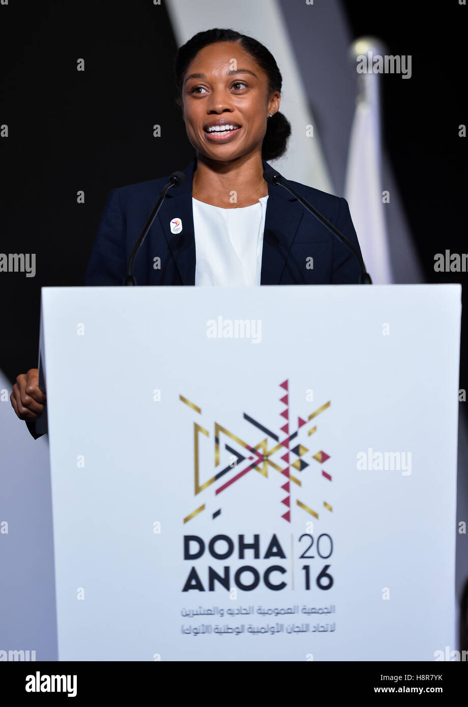Doha, Qatar. 15th Nov, 2016. U.S. Olympian Allyson Felix delivers a ...