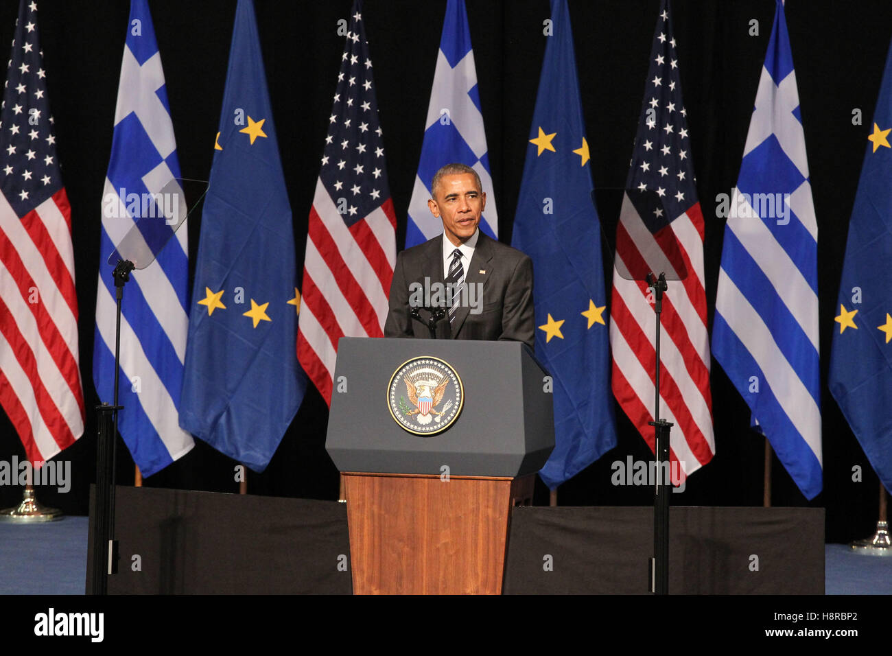Athens, Greece. 16th Nov, 2016. U.S. President Barack Obama delivers a ...
