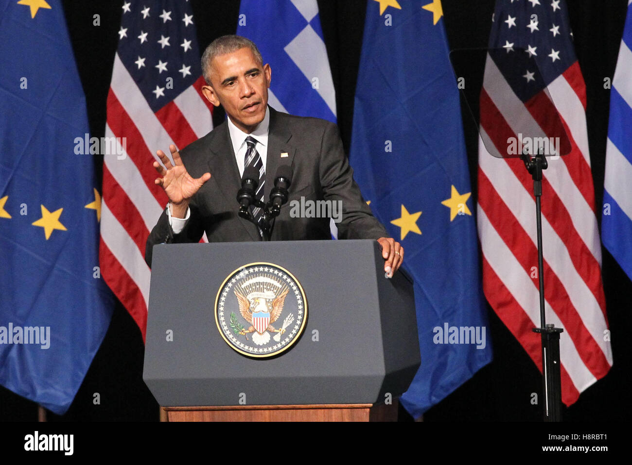Athens, Greece. 16th Nov, 2016. U.S. President Barack Obama delivers a ...
