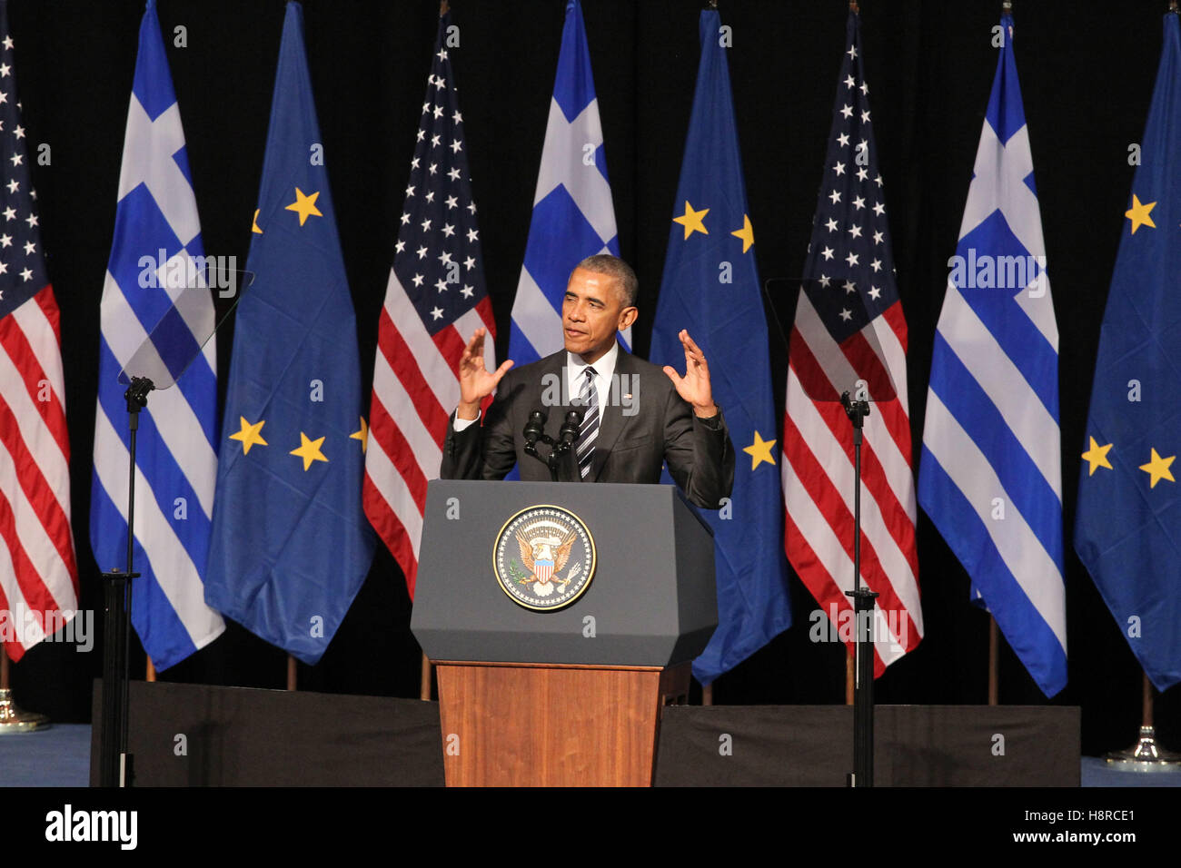 Athens, Greece. 16th Nov, 2016. U.S. President Barack Obama delivers a ...