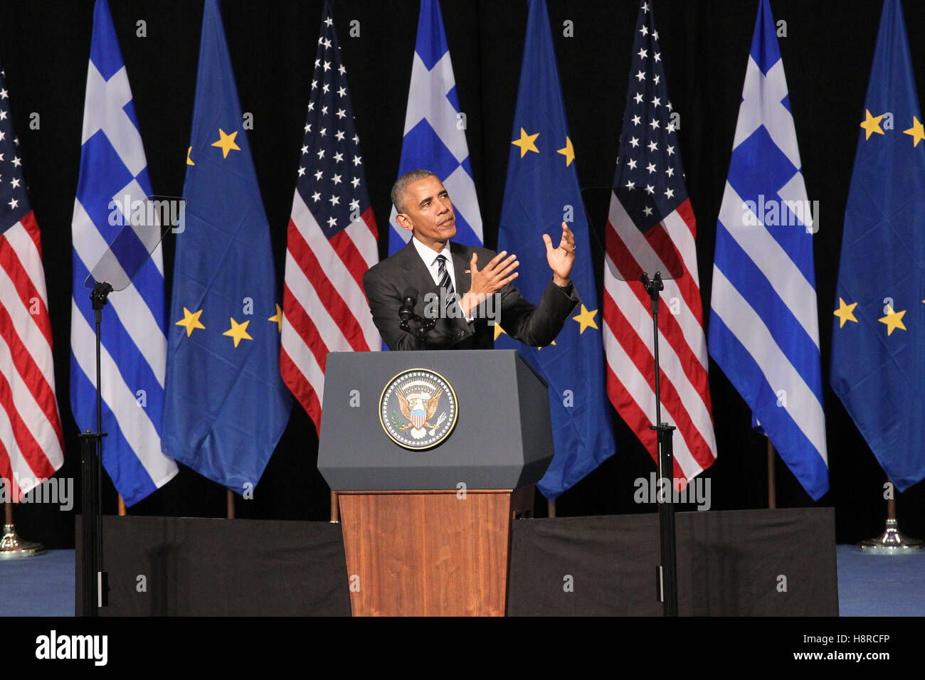 Athens, Greece. 16th Nov, 2016. U.S. President Barack Obama delivers a ...