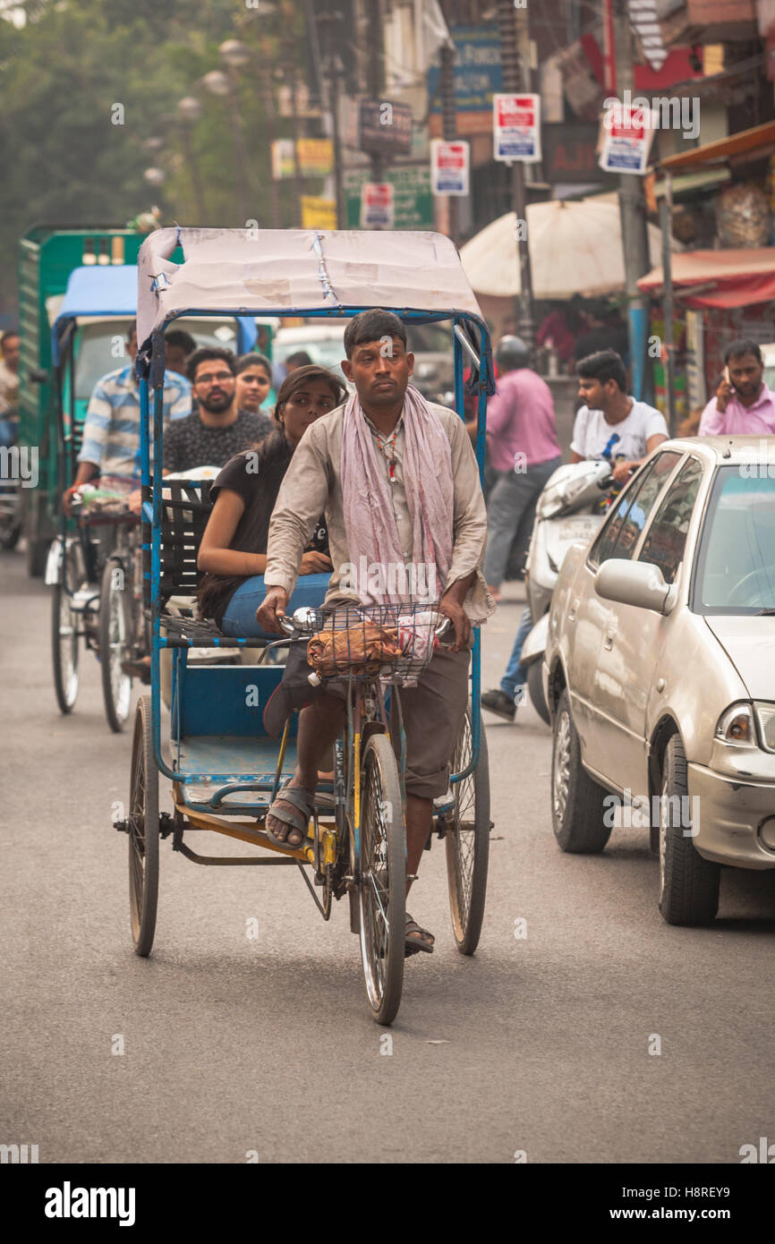 A cycle rickshaw pictured in the street in Old Delhi, India Stock Photo ...