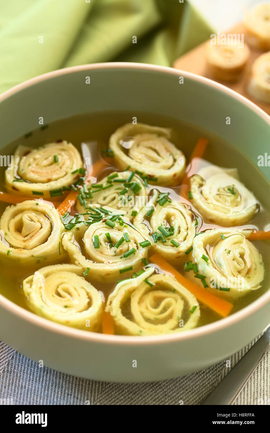 Traditional German Flaedlesuppe and Austrian Frittatensuppe consomme ...