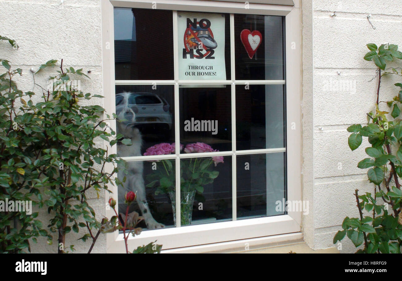 An anti-HS2 campaign poster displayed in the window of a house on the ...